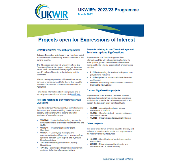 UKWIR 2022 Research Programme EOI